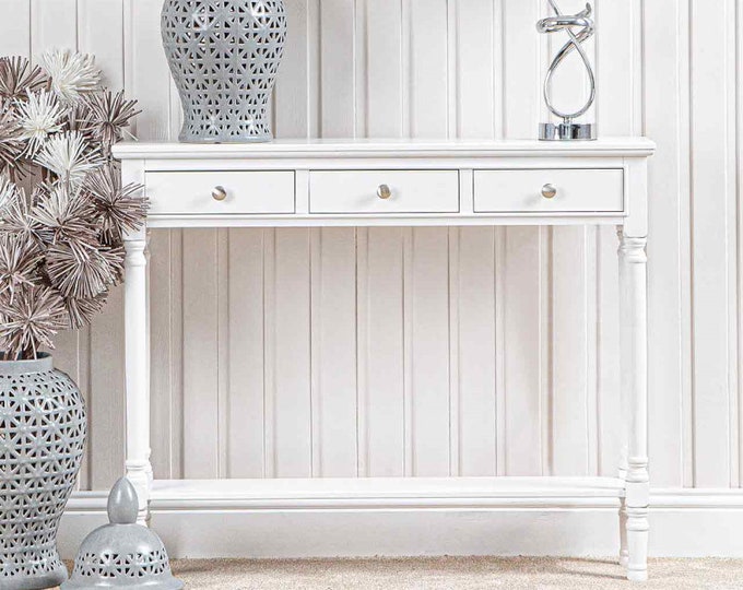 Arabella White Wood Medium 3 Drawer Narrow Slim Thin Console Table ...