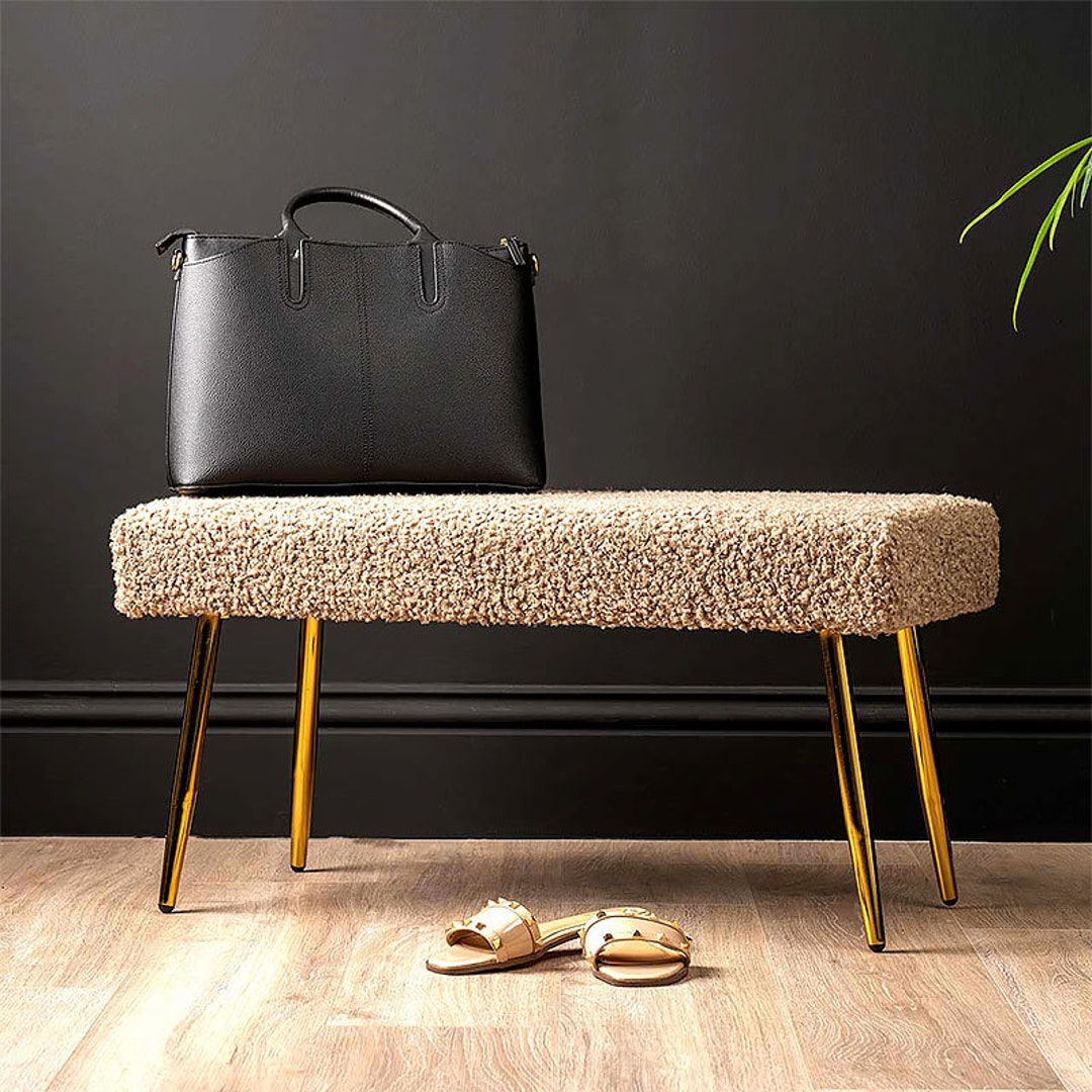 Neutral Mocha Boucle Upholstered Teddy Vanity Bench With Gold Metal ...