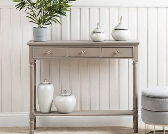 Arabella Taupe Wood Large 3 Drawer Narrow Slim Thin Console Table ...