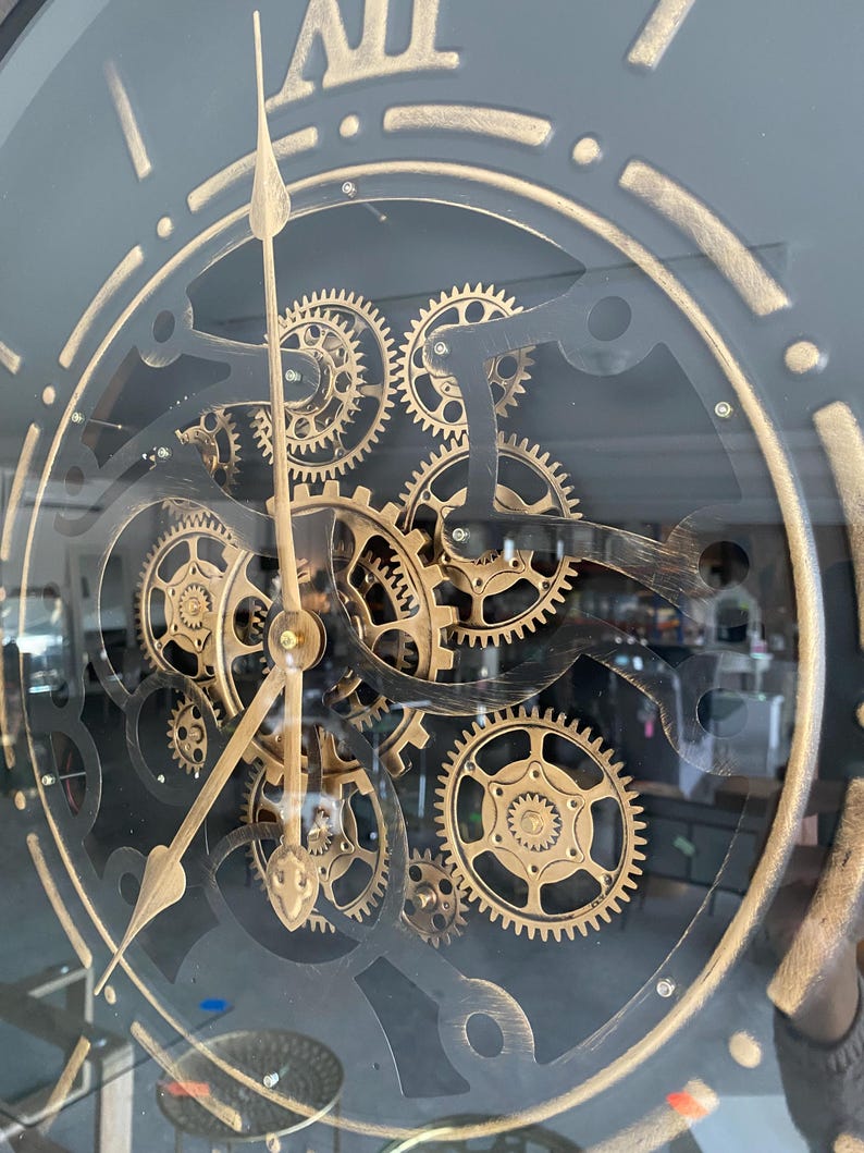 Large Industrial Unusual Wood and Black Metal Wall Clock With Gold ...