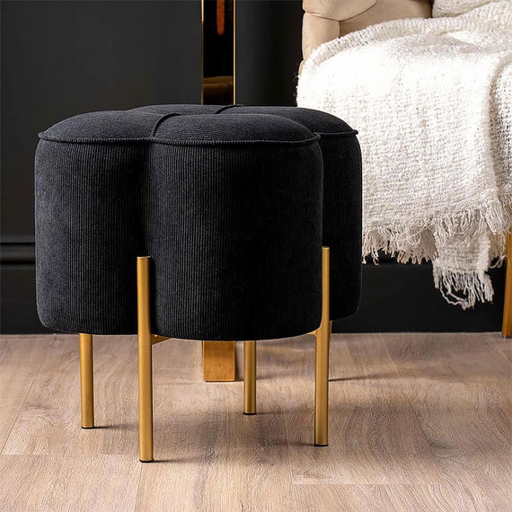Black Velvet Clover Ottoman Seat Footstool With Gold Metal Legs Etsy