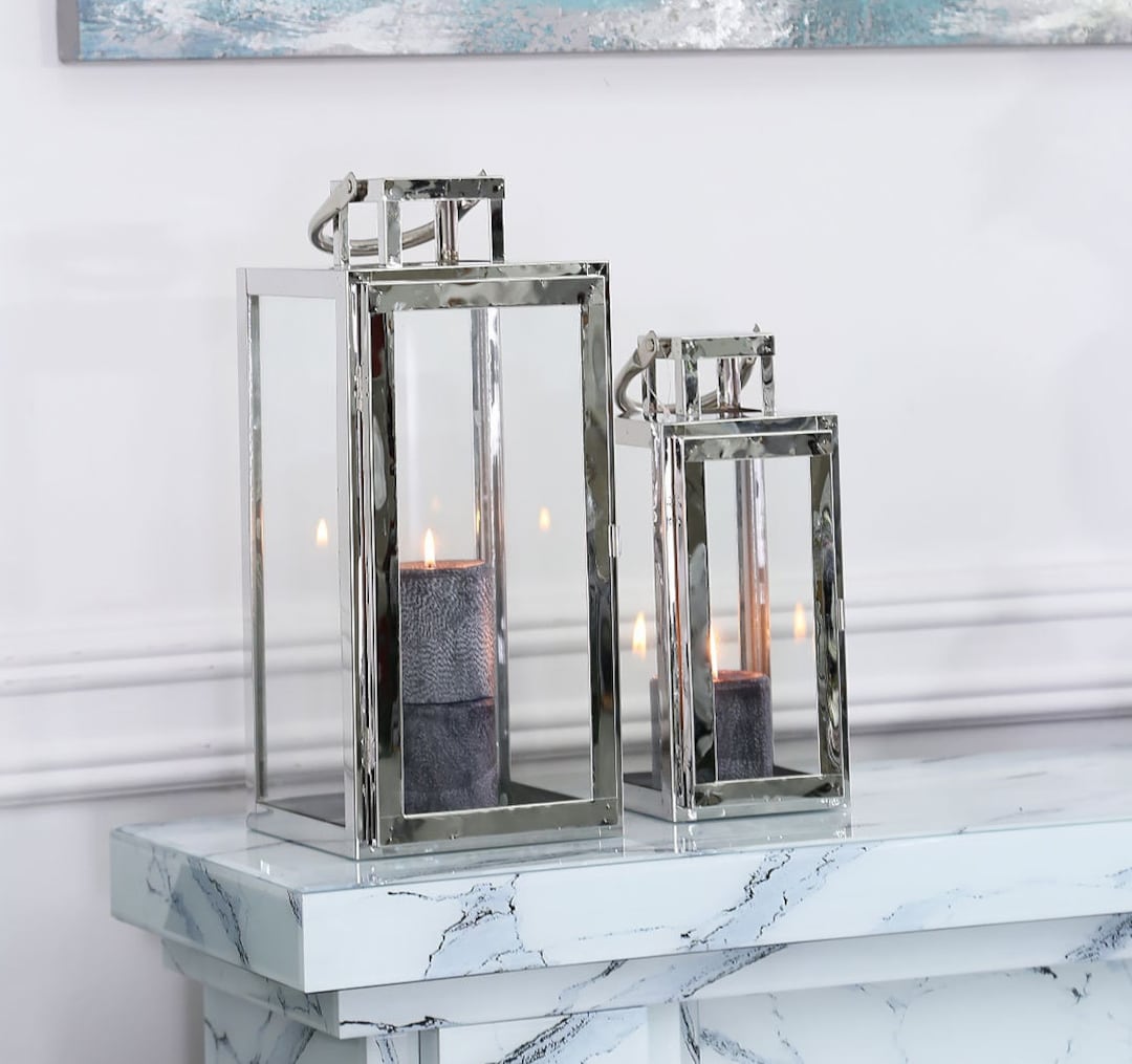 Set of 2 Chrome Stainless Steel and Glass Lanterns - Etsy
