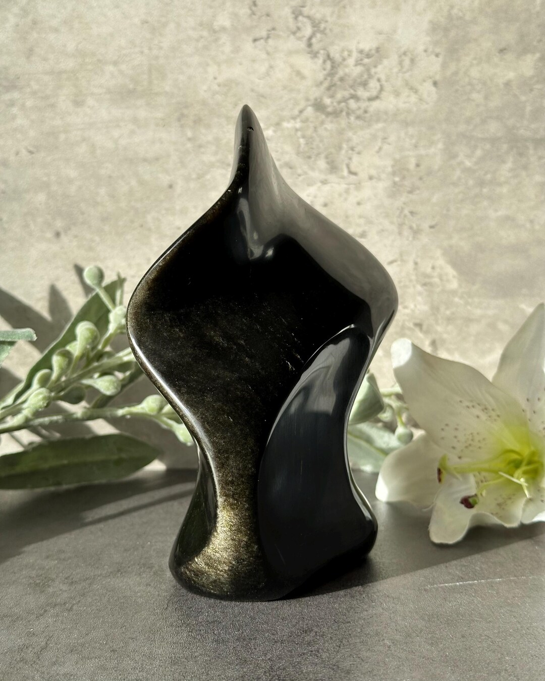 Large Gold Sheen Obsidian Flame | Golden Sheen Obsidian Carved Flame ...