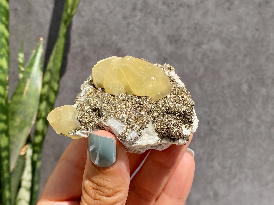 Yellow Calcite on Pyrite Specimen (F) | Yellow Calcite Mineral With ...