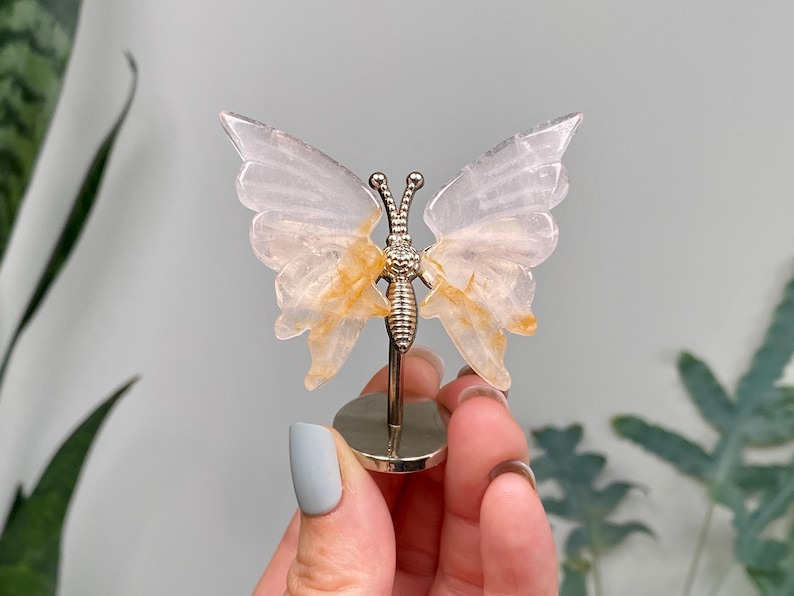 Rose Quartz With Golden Healer Butterfly on Silver Stand | Gemmy Pink ...