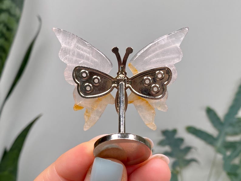 Rose Quartz With Golden Healer Butterfly on Silver Stand | Gemmy Pink ...