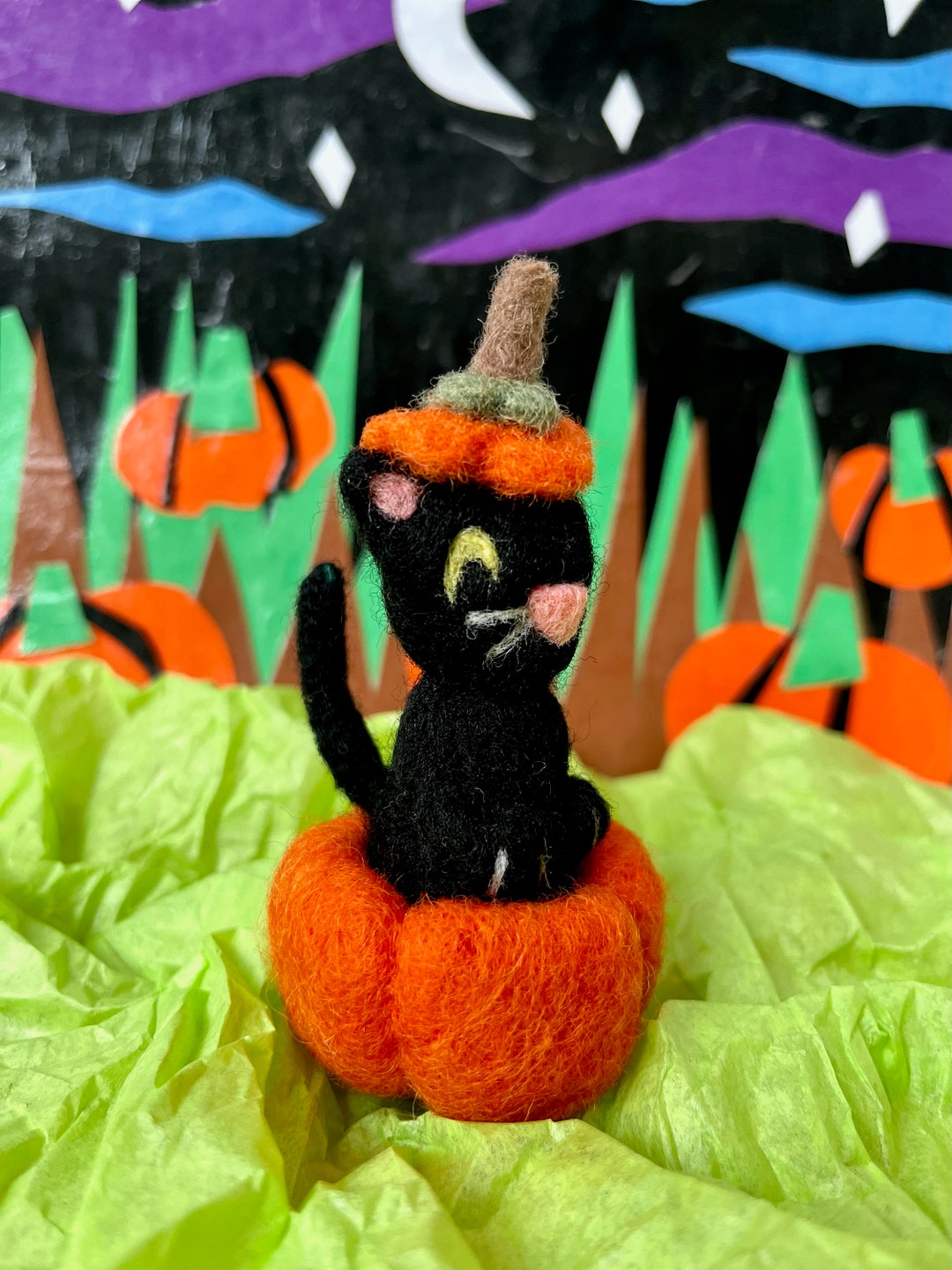 Black Cat in Pumpkin, Halloween Decor, Fall Decor, Needle Felted Wool ...