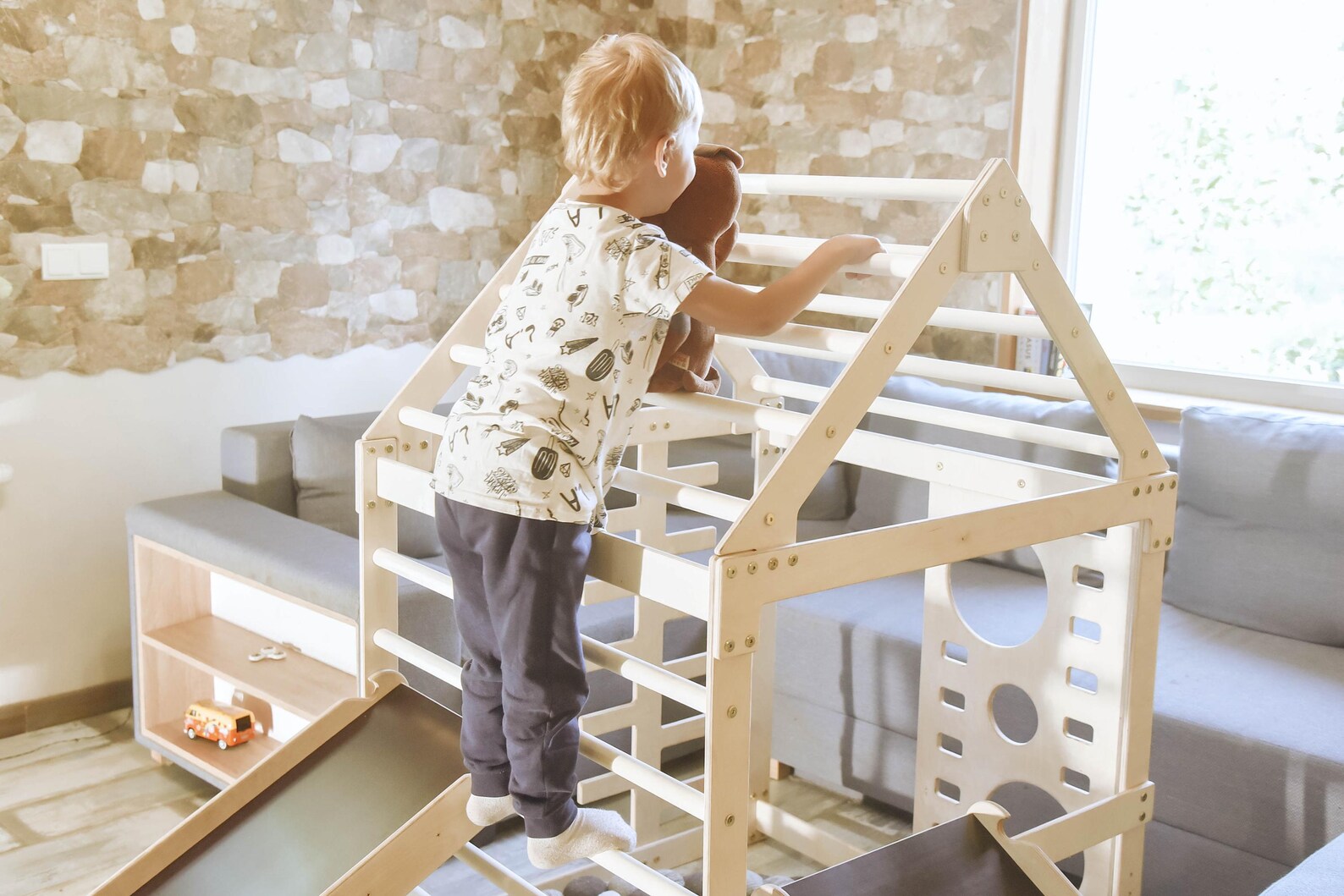 Kids Playhouse With Slide Plans & Indoor Climbing Gym DIY Woodworking ...