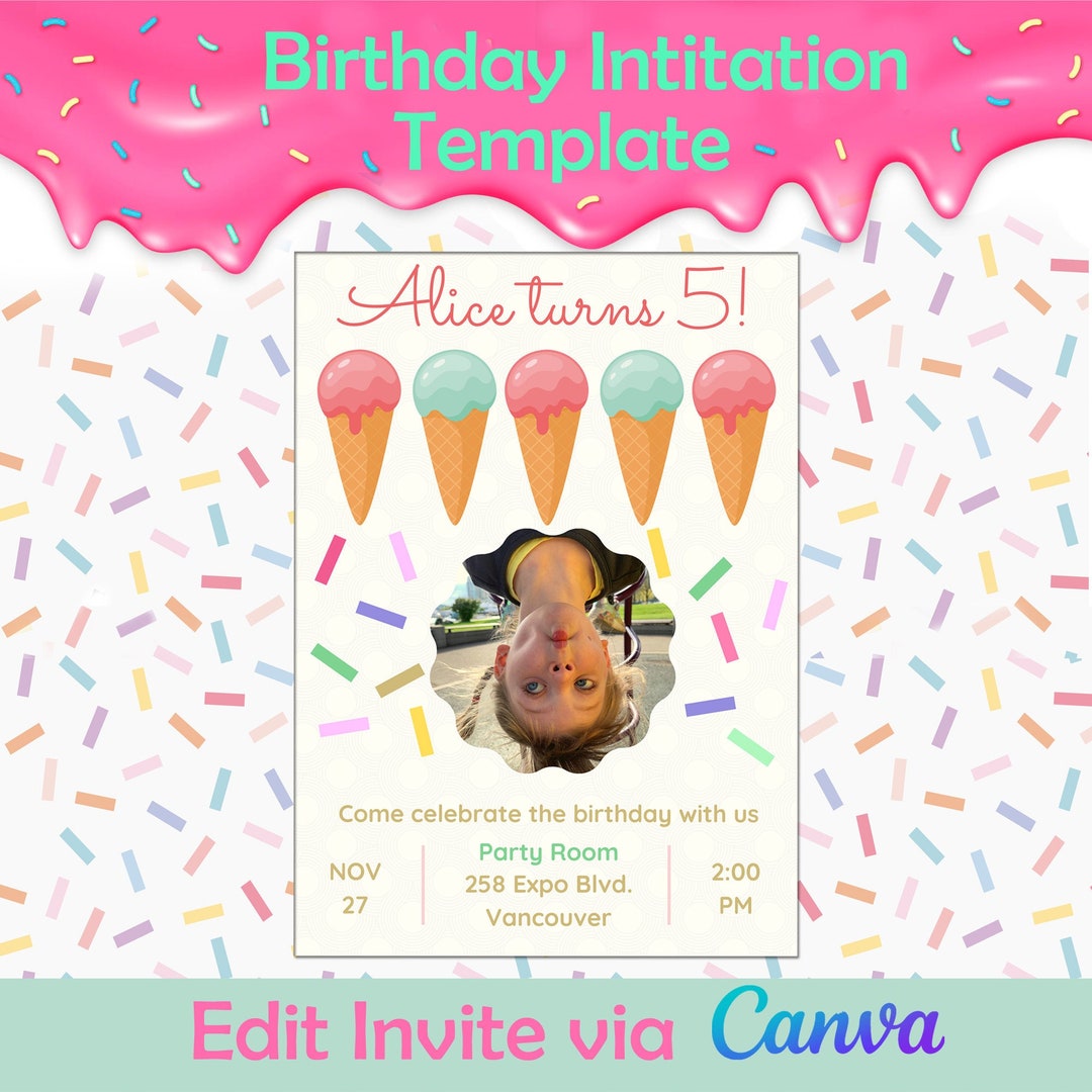 CANVA Invite Template | Rainbow Ice-cream Birthday Invitation | Pink ...