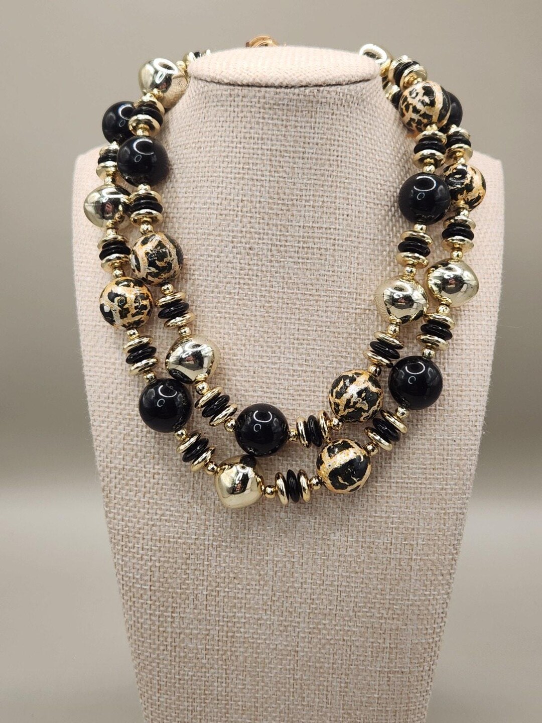 Vintage Black & Gold Bead Necklace, 90s Fashion Jewelry - Etsy