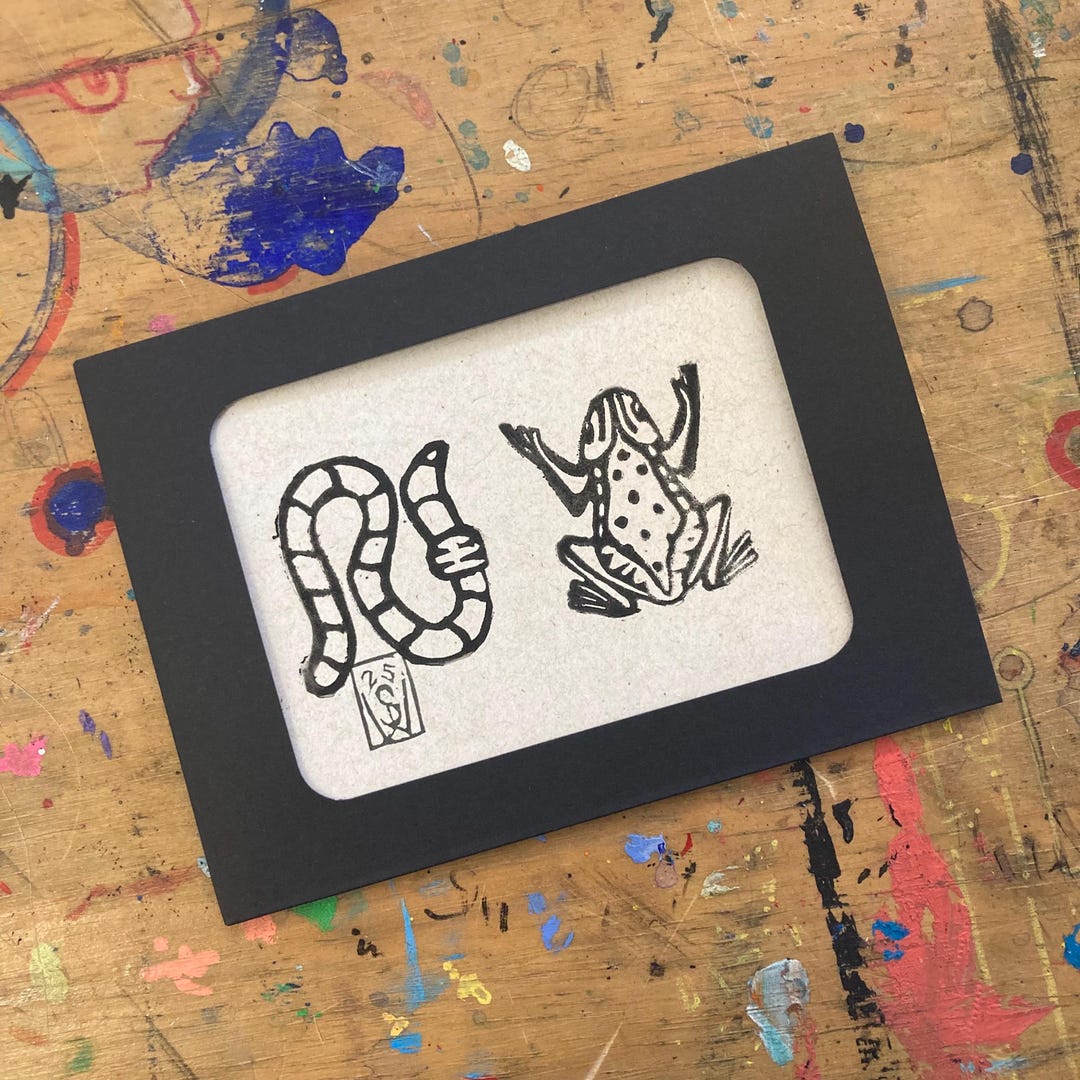 Frog and Worm Block Print (signed) | Creepy Crawly Critter Earthworm ...