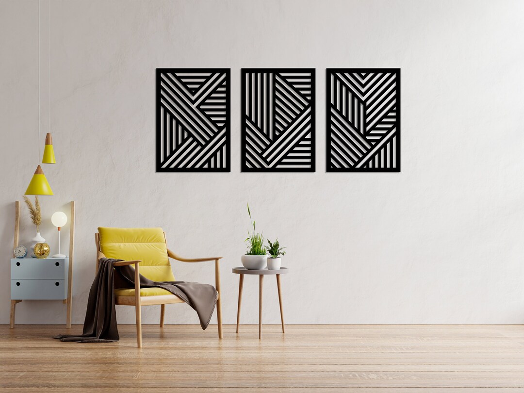 Geometric Wood Wall Art, Large Wall Decor Line Art, Abstract, 3 Piece ...