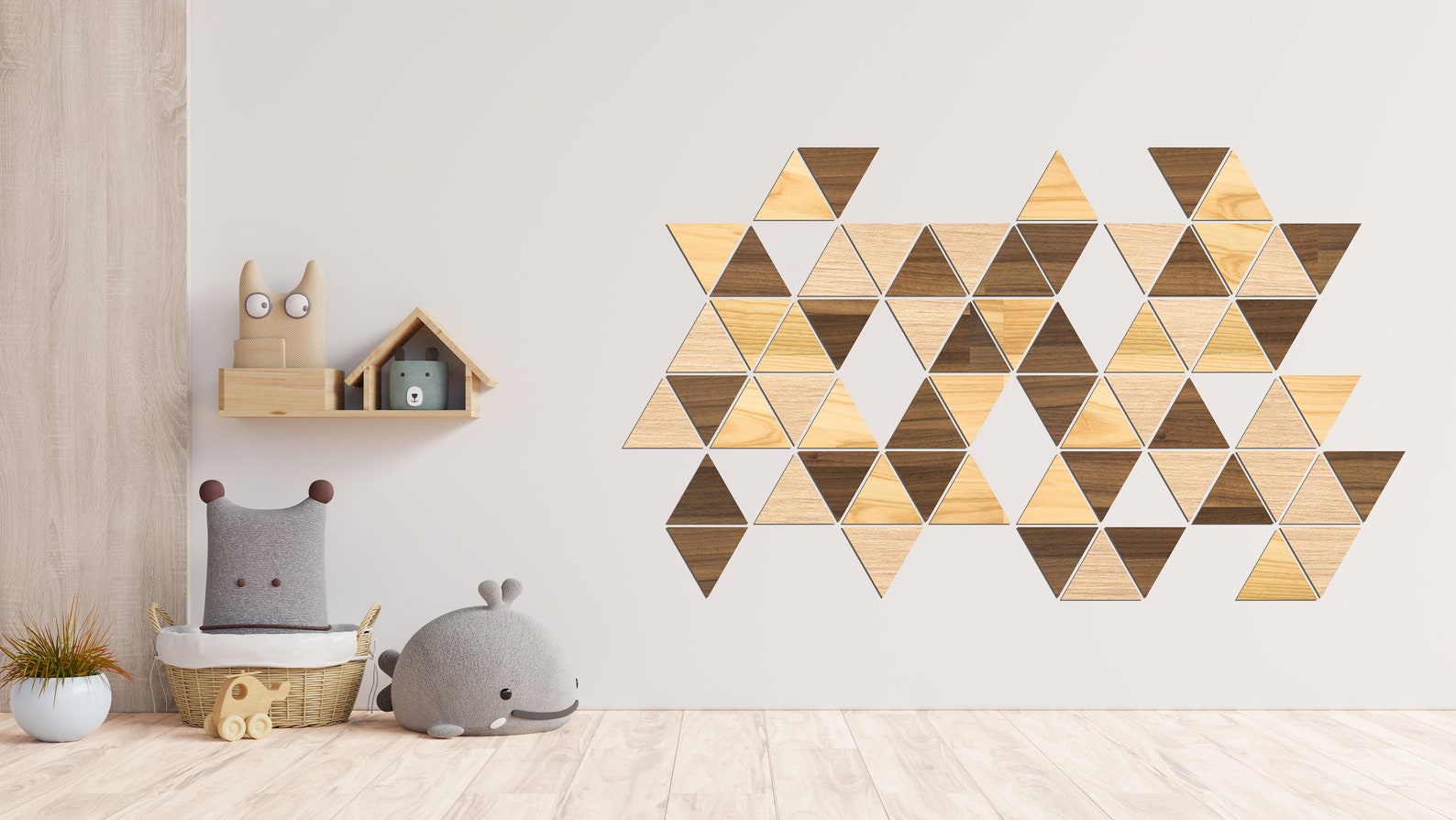 Wooden Triangle Wall Art, Large Wood Tiles Home Decor, Geometric Shapes ...