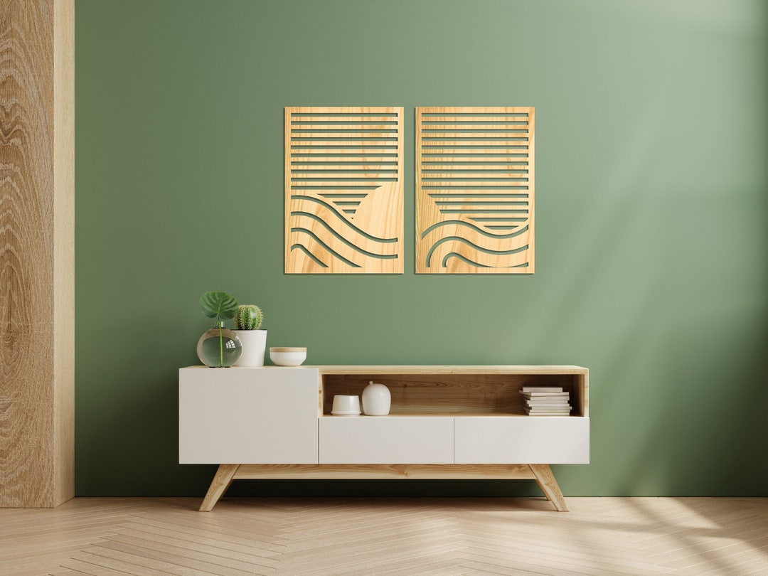 Sun and Sea Wall Art, Wooden Wave Wall Panel, 2 Piece Wall Decor, Ocean ...