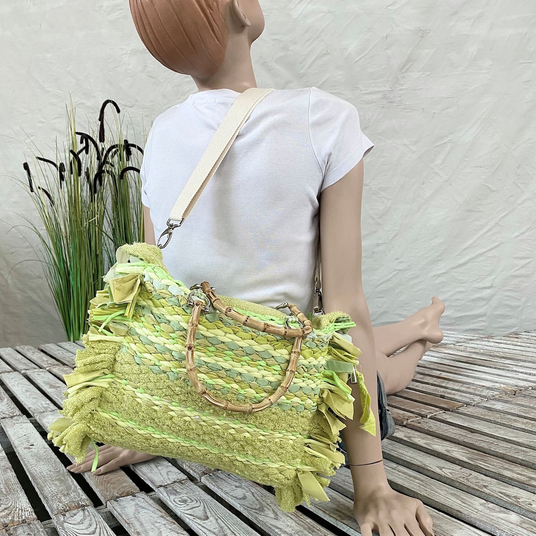 Upcycling Bag Woven and Sewn, Green to Yellow Tones, Environmentally ...