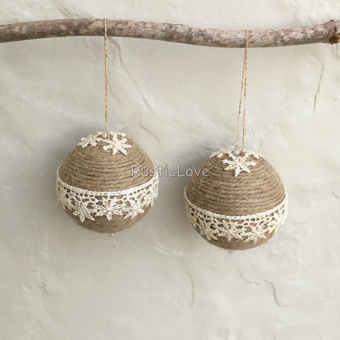 Jute Christmas Ornaments, Jute Wrapped Balls With Lace, Farmhouse Deco ...