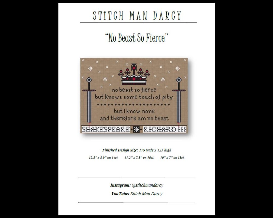 No Beast so Fierce - Cross Stitch Kit / Shakespeare / Chart, Fabric ...