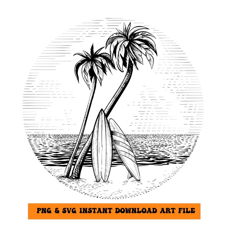 Palm Tree Surfboard Hand Drawn - Instant Digital Download - PNG & SVG ...