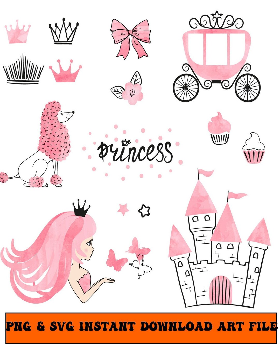 Princess Cartoon Watercolor Bundle - Instant Digital Download - PNG ...