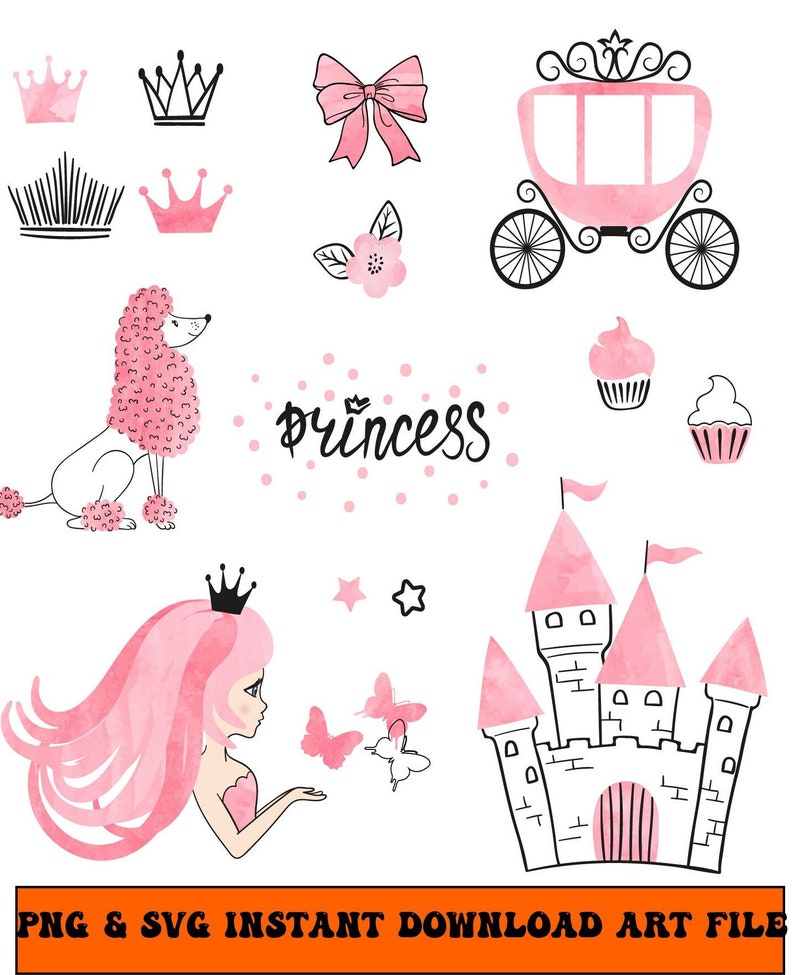 Princess Cartoon Watercolor Bundle - Instant Digital Download - PNG ...