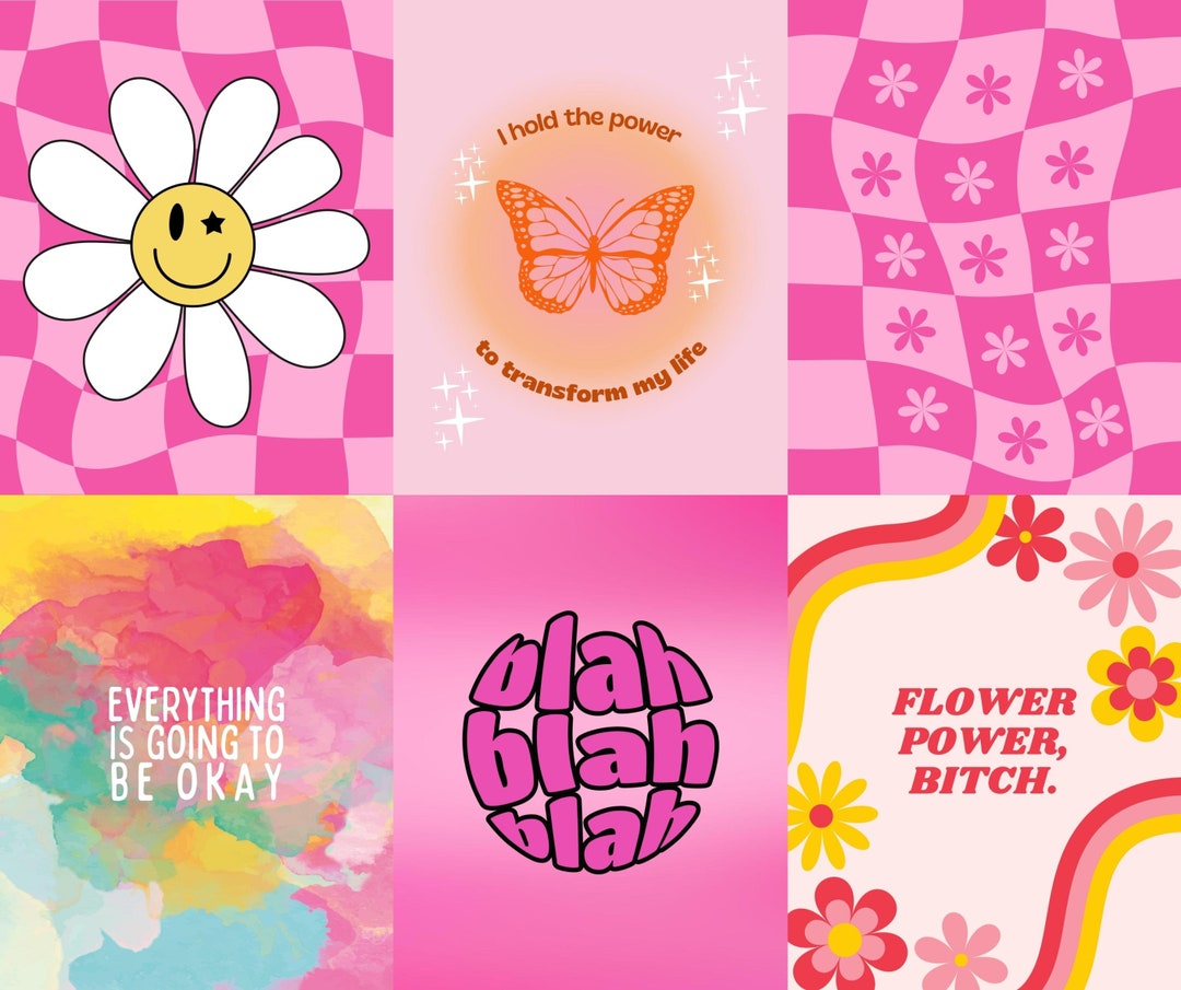 Pink Groovy Wall Collage, Set of 6 Art Prints, Y2k Preppy Room Decor ...