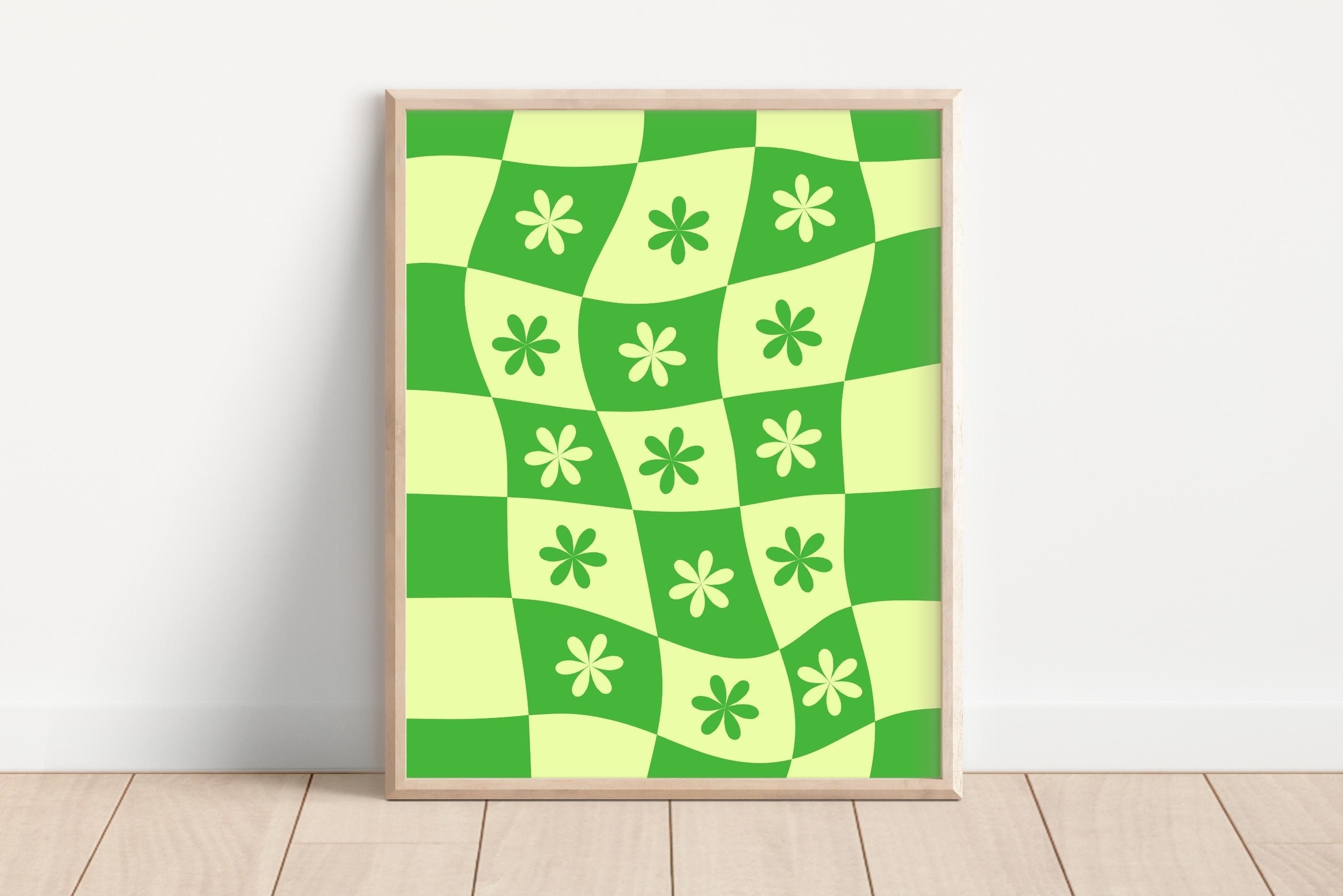 Groovy Green Checkered Art Print, Retro Wavy Checkerboard Wall Art ...