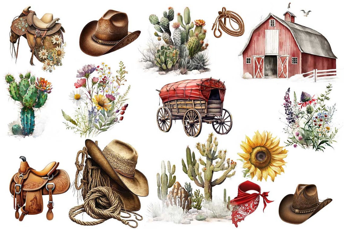 30 Watercolor Western Clipart, Horse Clipart Cowboy Western Texas ...