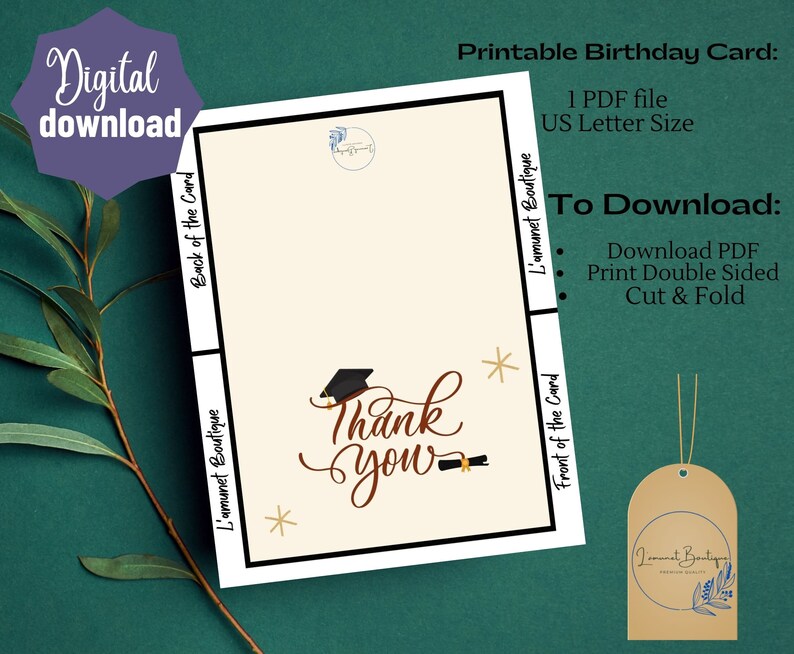 Printable Thank You Graduation Greeting Card Instant Download 5x7 Inch ...