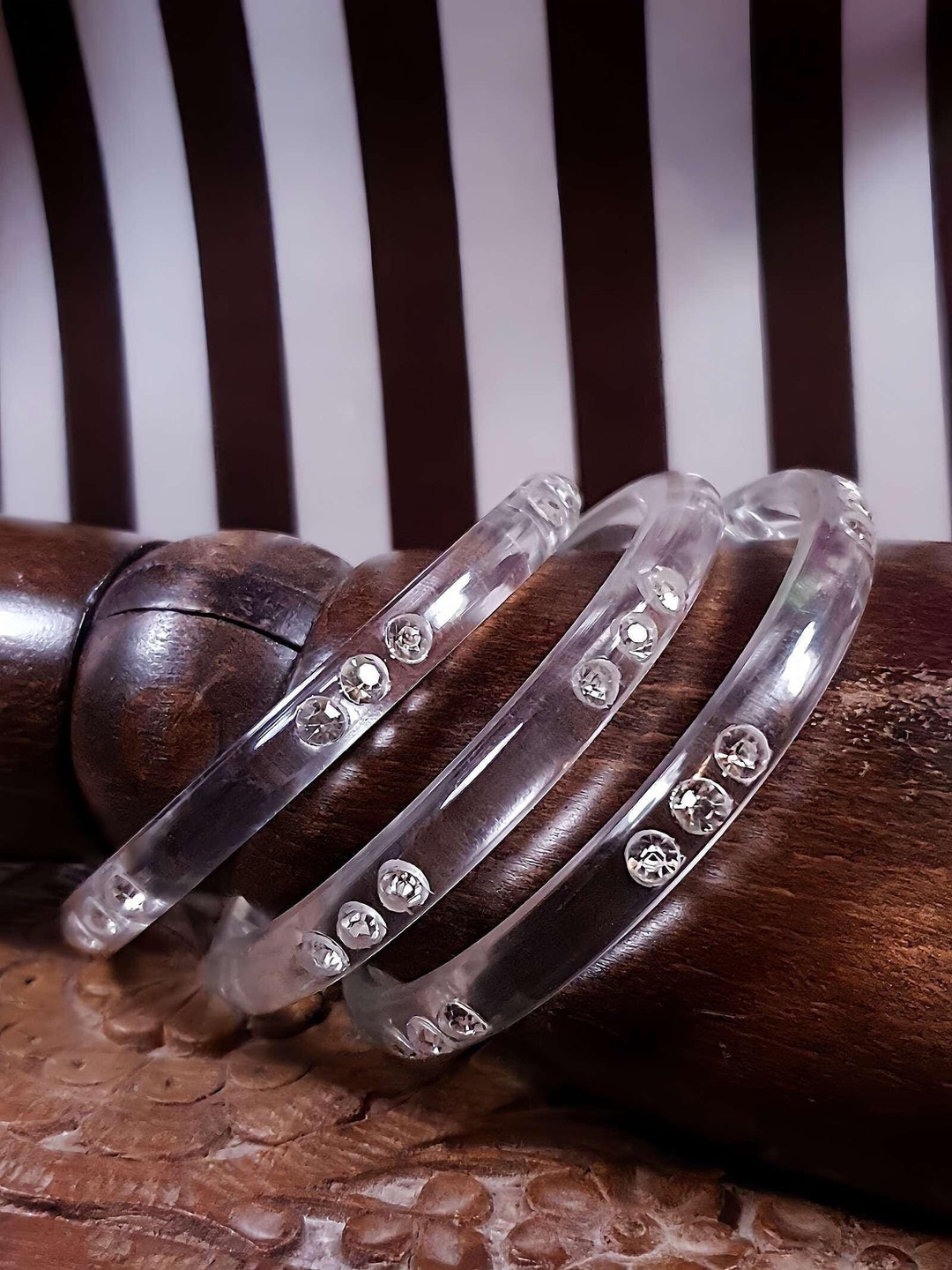 Vintage 1950s Lucite Rhinestone Bangles Set of Three Bracelets Clear - Etsy