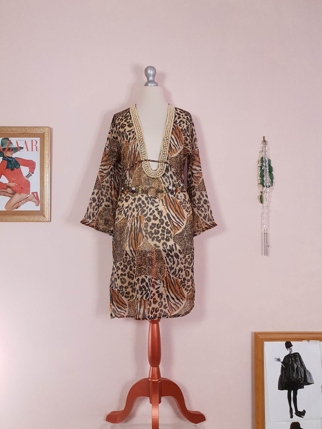 Vintage 1980s Animal Print Kaftan Retro Chiffon Bohemian Beaded Caftan ...