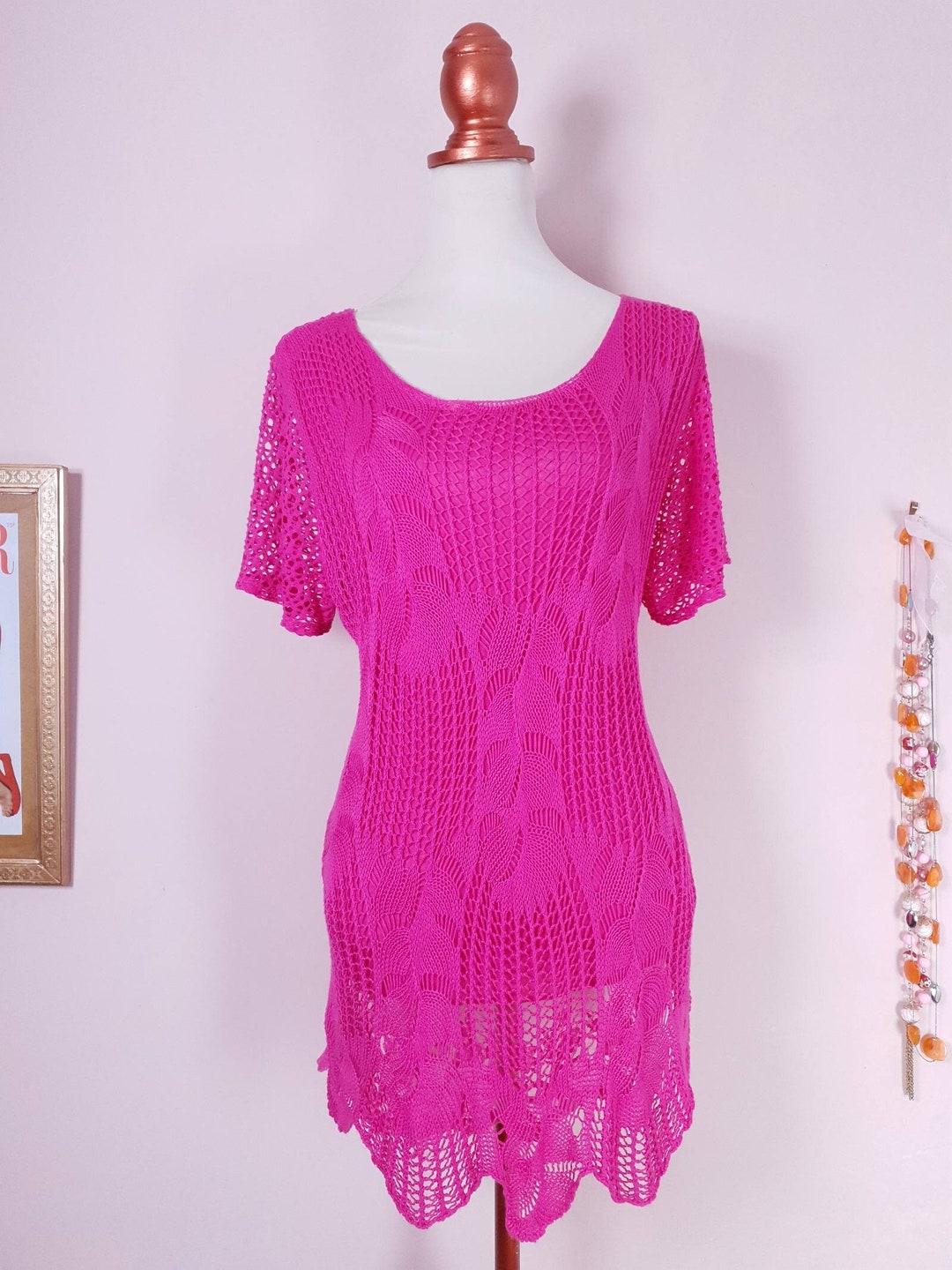Cute Bright Cerise Pink 1980s Vintage Crochet Mini Dress - Size 12/14 ...