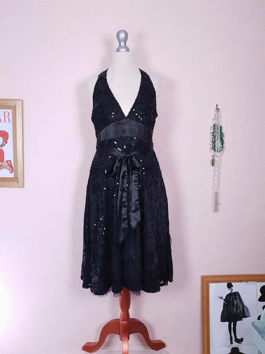 Vintage Black Sequin Party Dress 1990s Halter Neck LBD Size 10 Fit ...