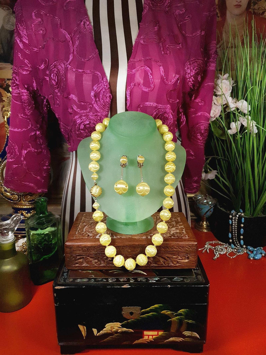 Vintage 1960s Yellow Puff Bead Necklace Earrings Set Demi Parure Signed ...