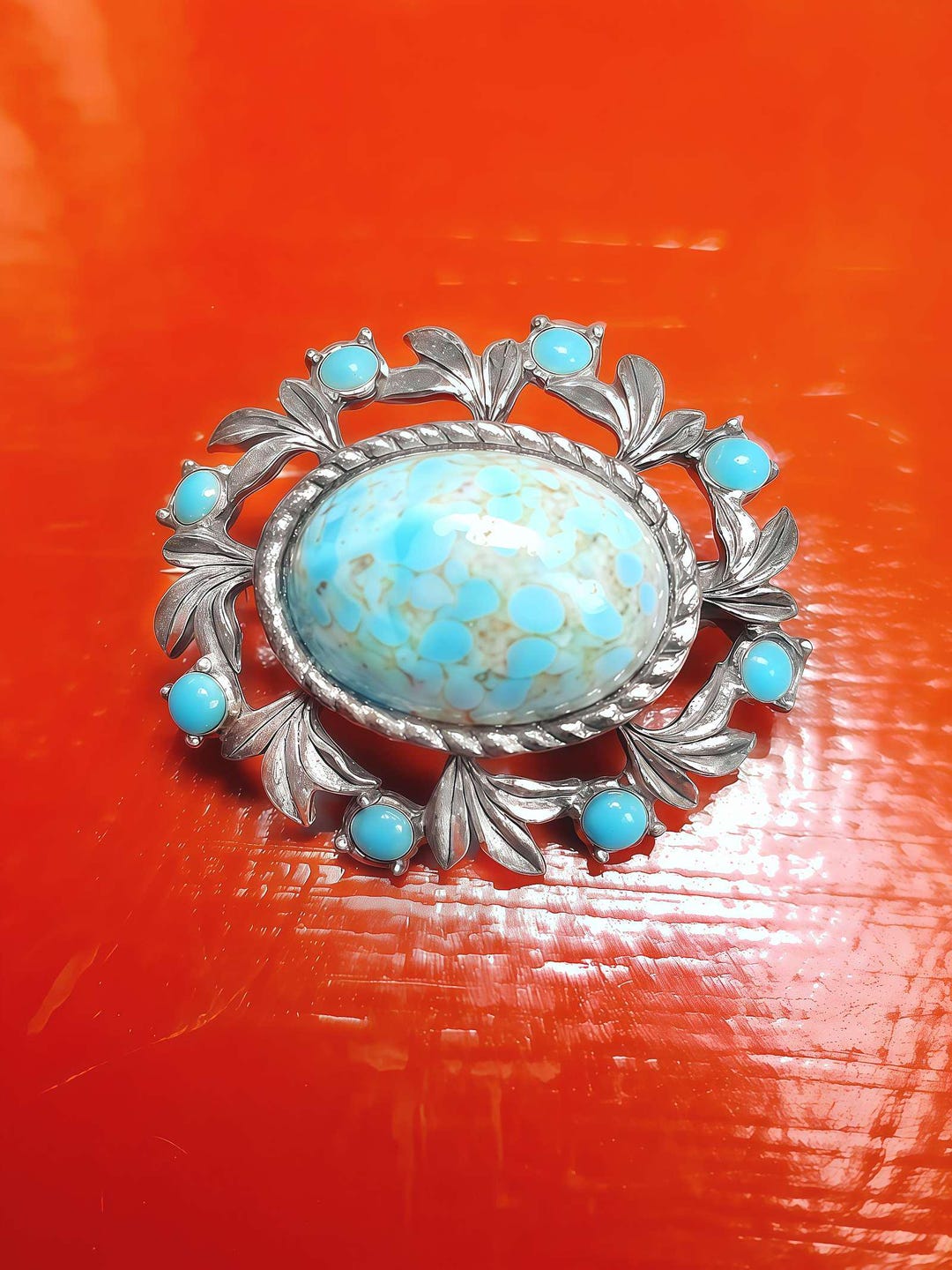 Vintage Turquoise Blue Art Glass Brooch 1950s Silver Tone Metalwork ...