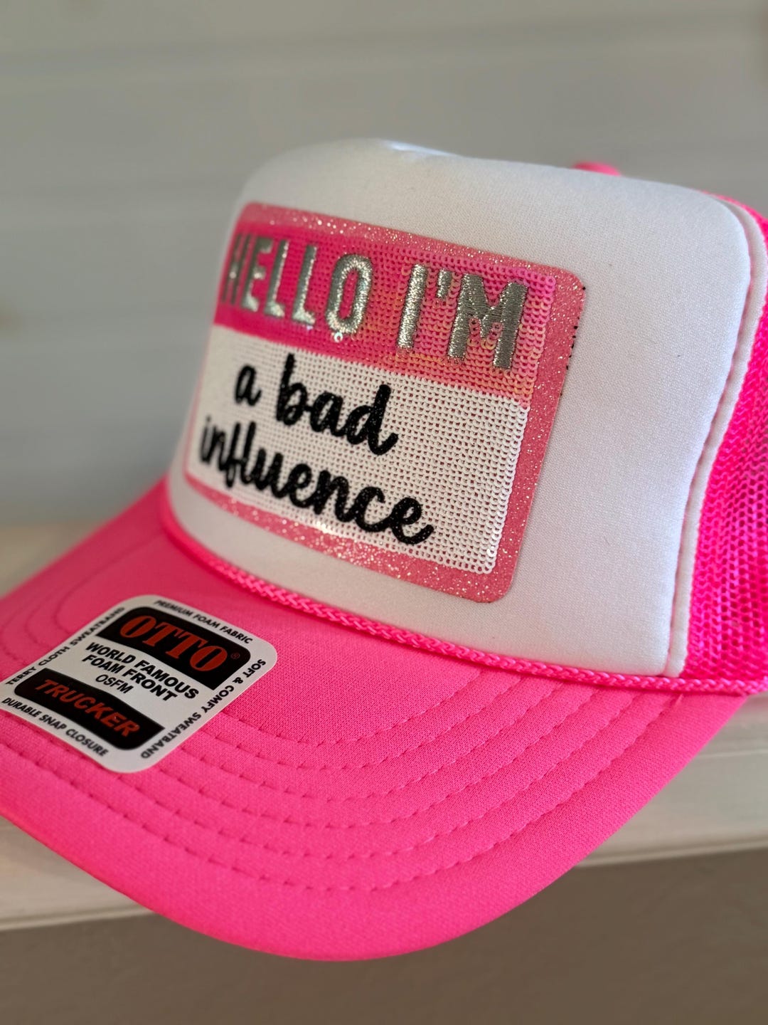 Bad Influence Foam Front Trucker Hat Custom New Hot Pink Sequins Mesh ...