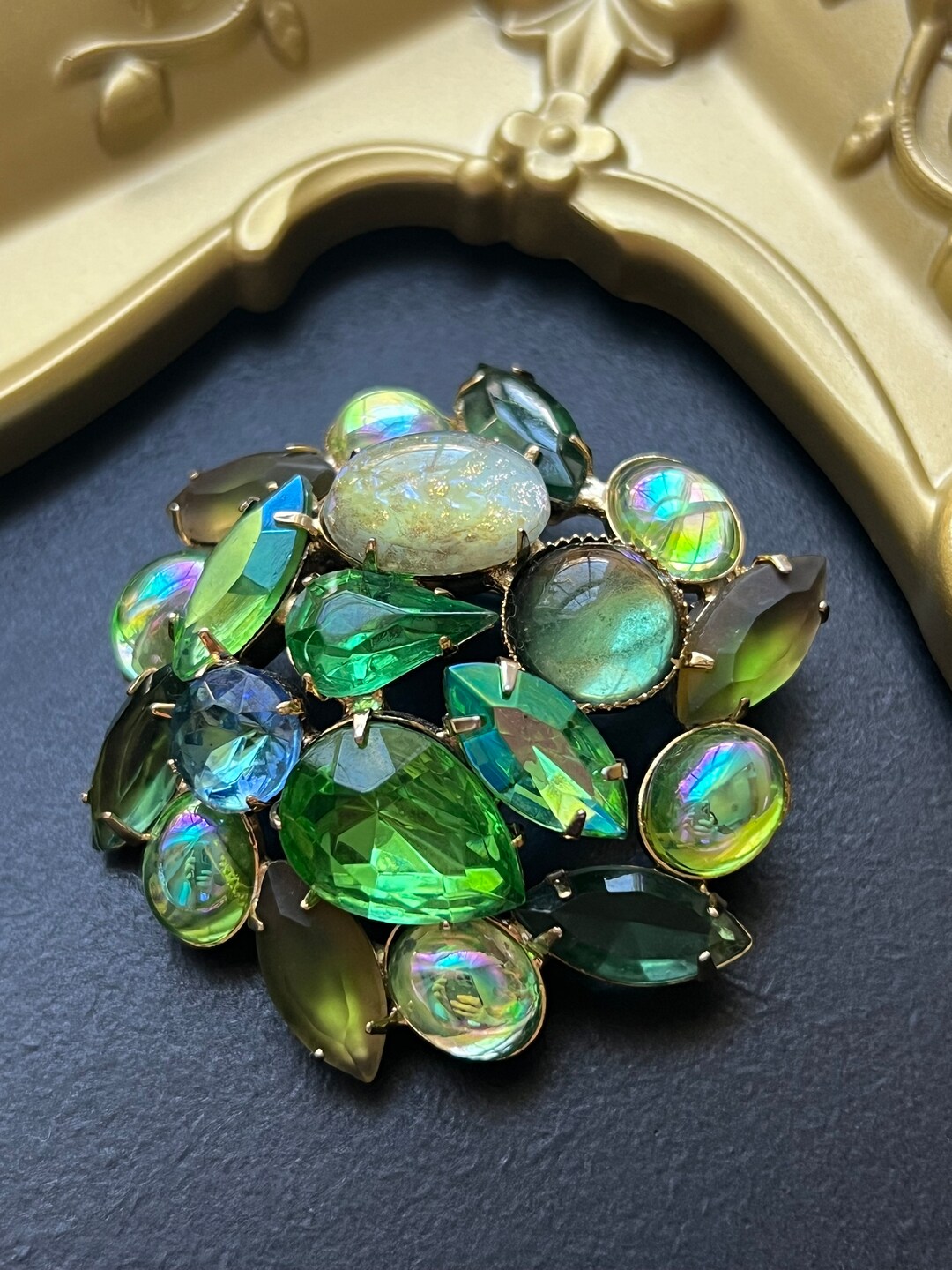 Vintage Gorgeous Domed Green Cabochons Art Glass Brooch Pin - Etsy