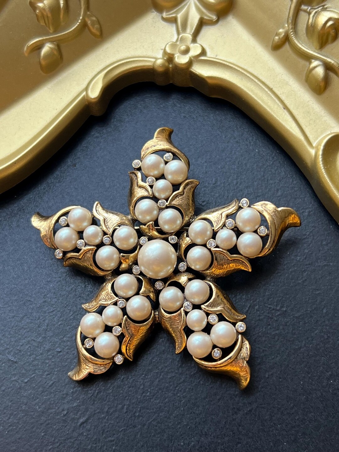 Vintage Large Signed Monet Gold Tone Faux Pearls Clear Rhinestone ...