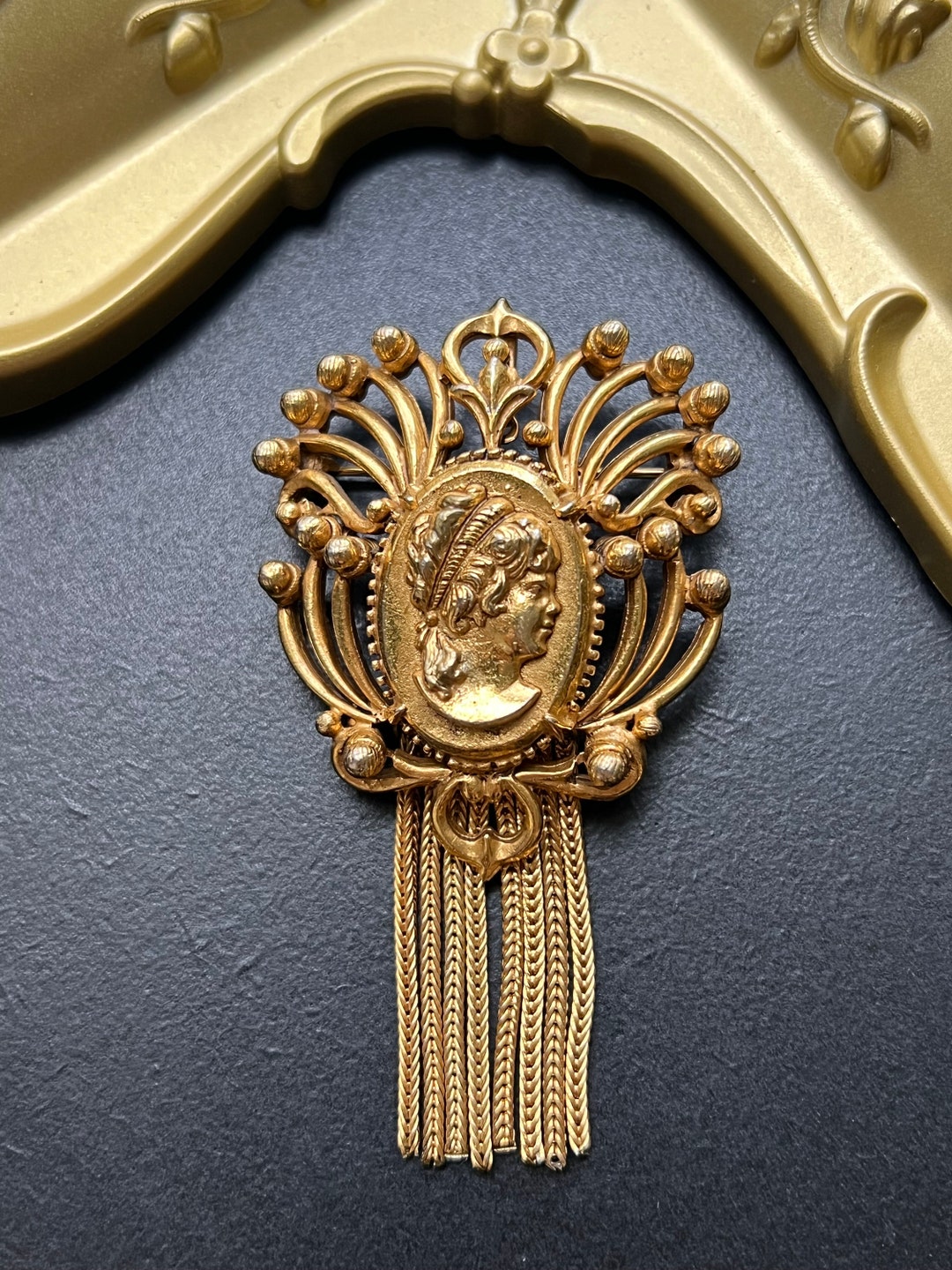 Florenza Signed Gold Tone Tassel Cameo Brooch Pin - Etsy