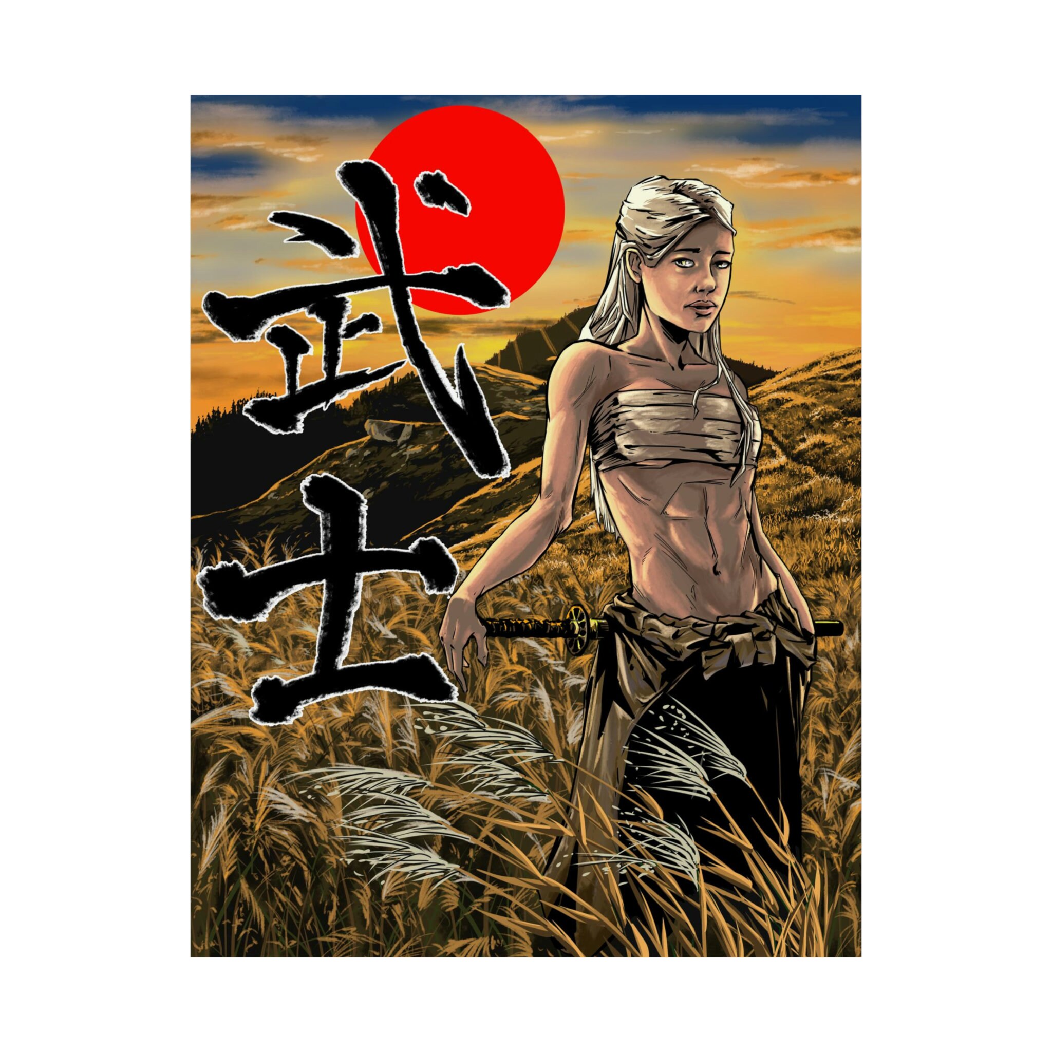 Bushido Samurai Warrior Bushi Kanji Japanese Girl Katana Pampas Fields Print - Etsy