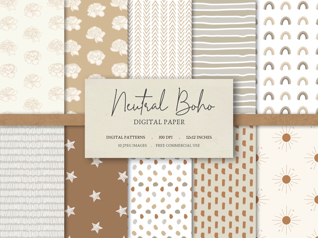 Neutral Boho Digital Paper, Boho Print, Boho Patterns, Boho Scrapbook ...
