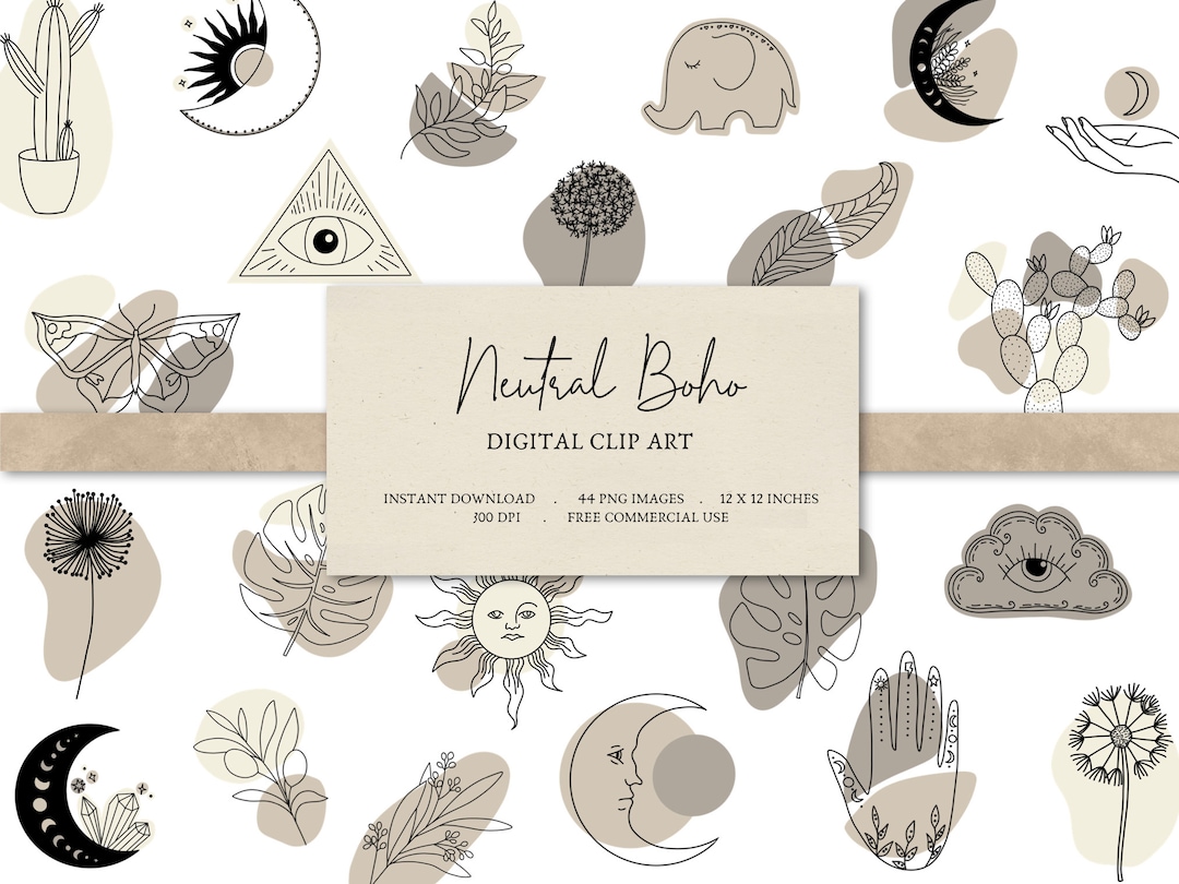 Boho Elements, Neutral Boho Clipart, Boho Shapes Bundle, Monochrome ...