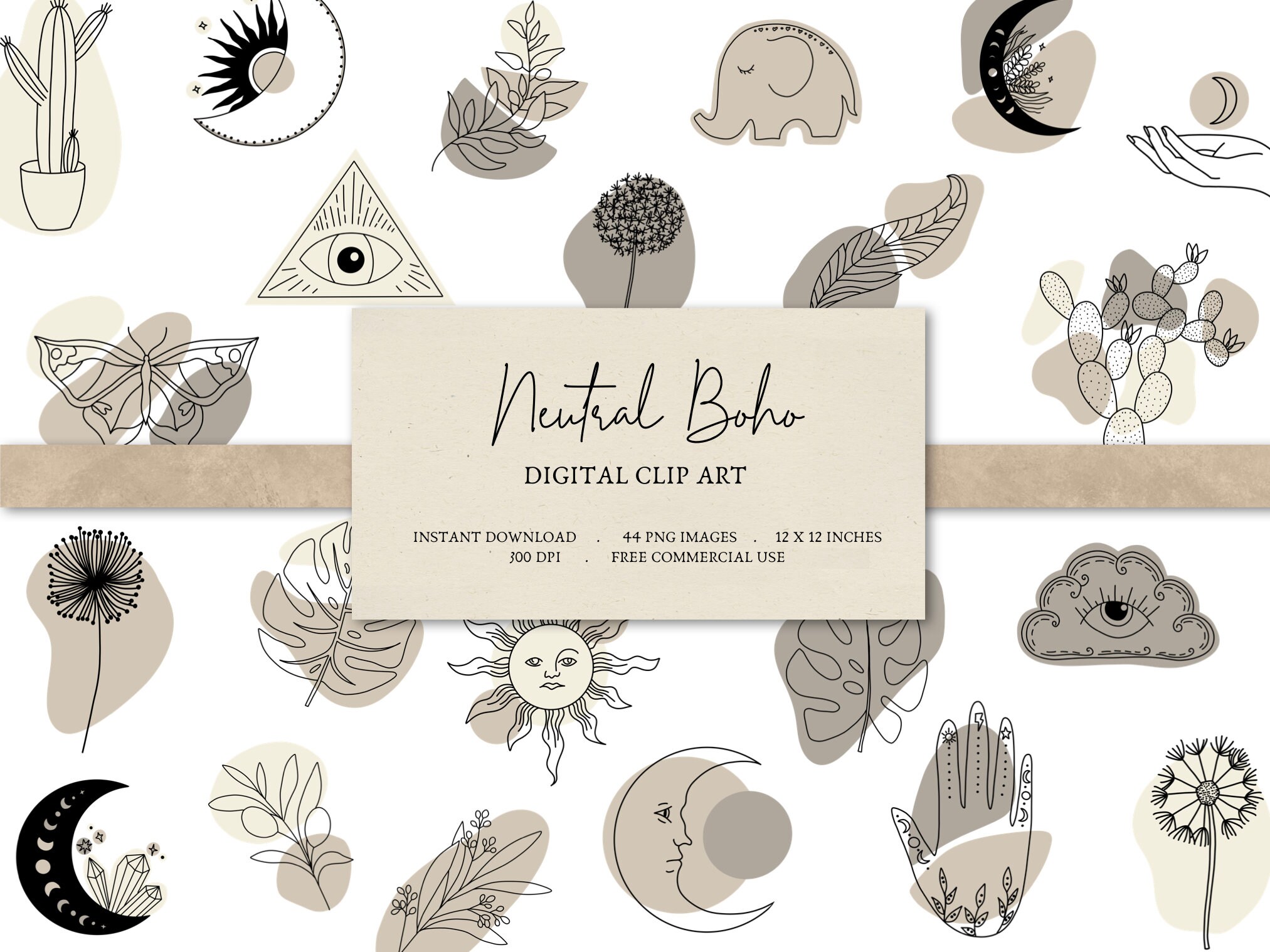 Boho Elements, Neutral Boho Clipart, Boho Shapes Bundle, Monochrome ...