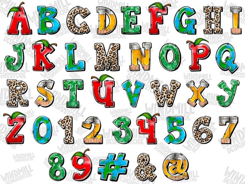 School Teacher Doodle Alphabet Bundle, Teacher PNG Letters, Numbers ...