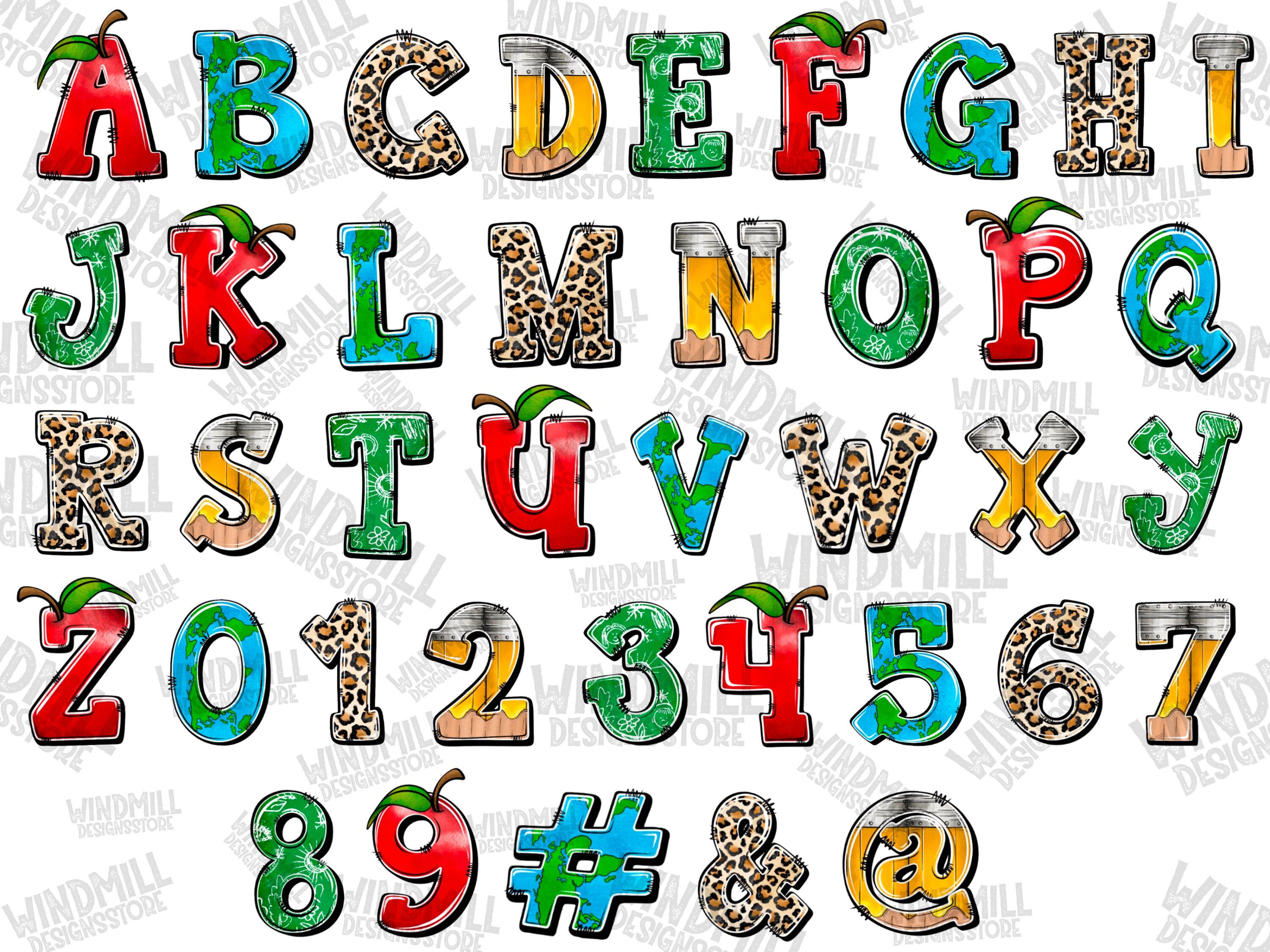 School Teacher Doodle Alphabet Bundle, Teacher PNG Letters, Numbers ...