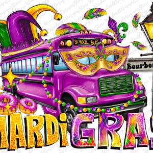 Mardi Gras School Bus and Gift Boxes Png Sublimation Design, Back to ...