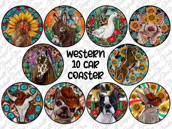Western Car Coaster Png Farm Animals Car Coasterfarm Car | Etsy