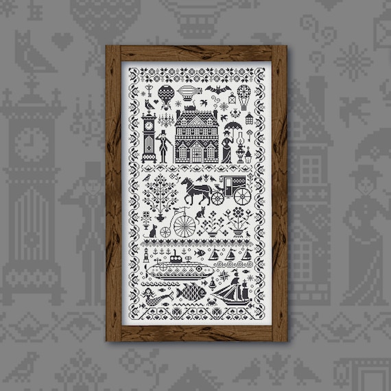 Digital Cross Stitch Pattern black Vintage Sampler Owlforest - Etsy