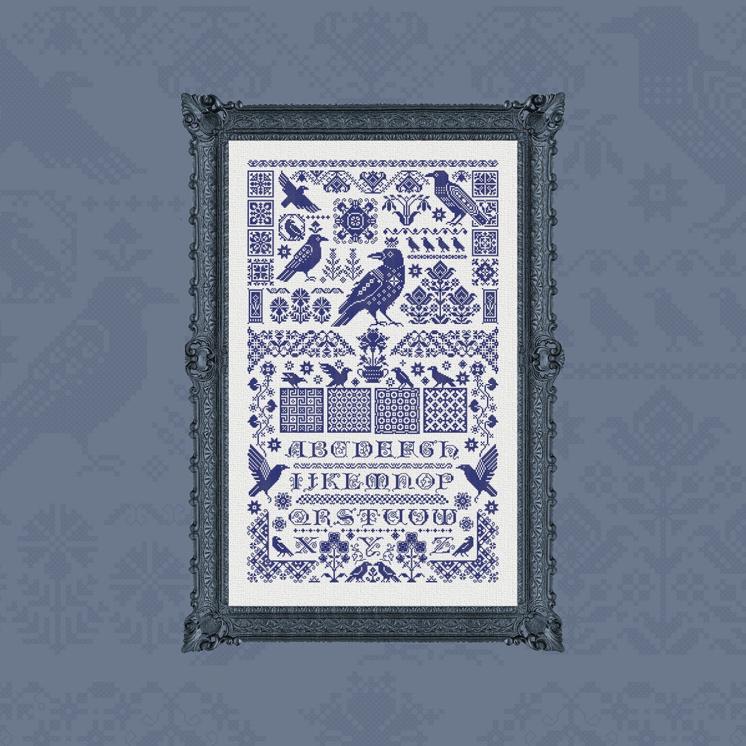 Digital Cross Stitch Pattern “raven Sampler” Latin Letters Owlforest - Etsy
