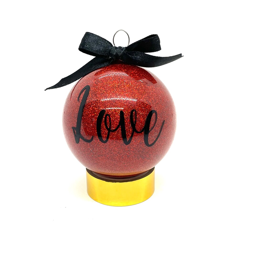 Christmas Tree Round Glass Red Glitter Love Holiday Ornament W Ribbon ...