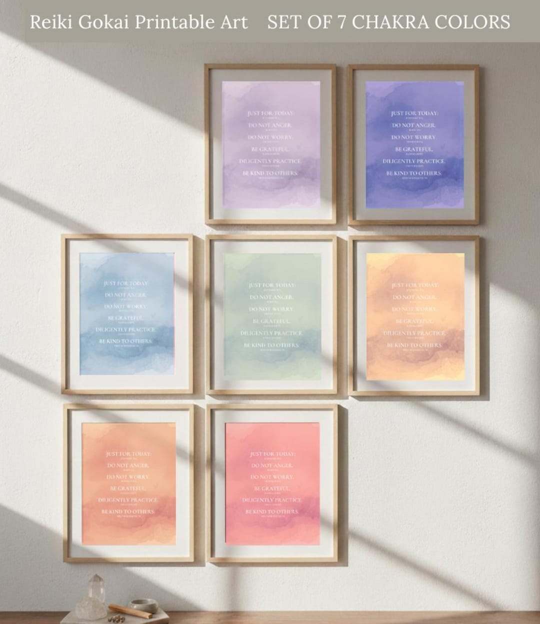 Reiki Gokai Printable Art Set of 7 Chakra Colors, 5 Principles of Reiki ...